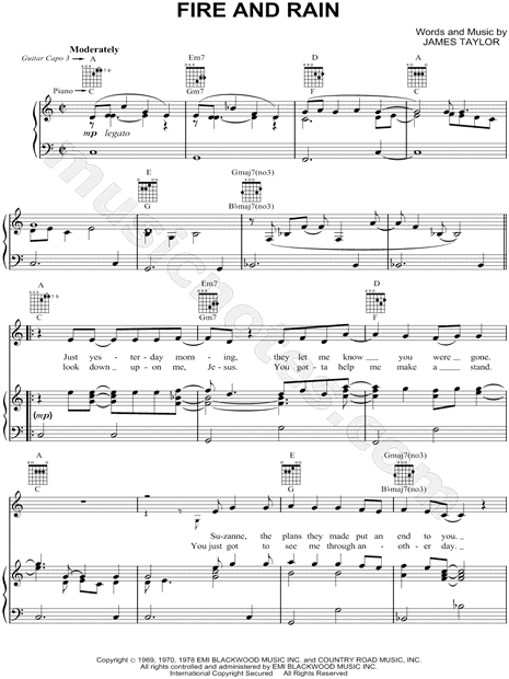 James Taylor Fire And Rain Sheet Music In C Major Transposable