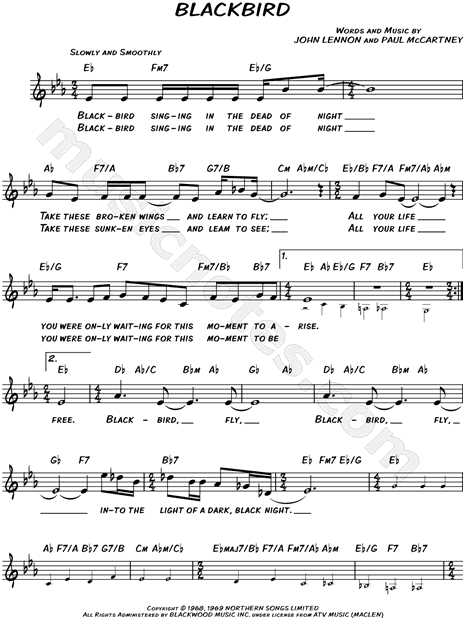 The Beatles "Blackbird" Sheet Music (Leadsheet) in Eb Major ...