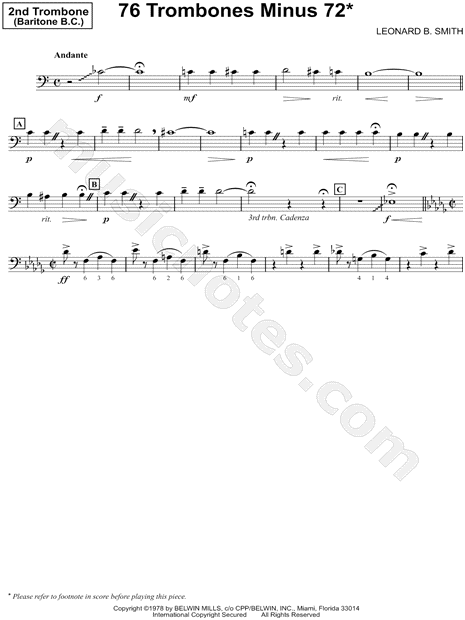 Leonard B. Smith "76 Trombones Minus 72 - 2nd Trombone part" Sheet ...