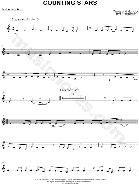 OneRepublic "Counting Stars - F Instrument" Sheet Music in A Minor ...