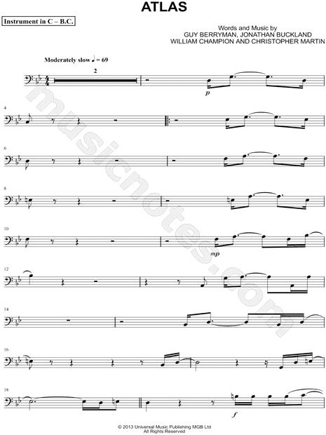 Coldplay "Atlas - Bass Clef Instrument" Sheet Music (Cello, Trombone ...