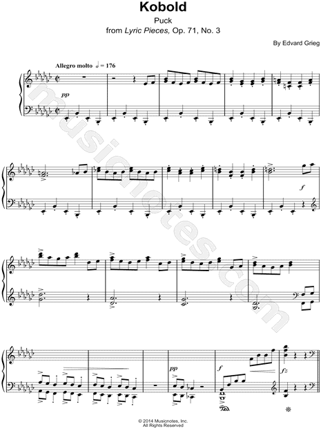 Edvard Grieg "Lyric Pieces, Op. 71, No. 3: Kobold" Sheet Music (Piano ...