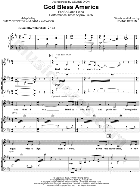 Celine Dion God Bless America Arr Emily Crocker Paul Lavender Sab