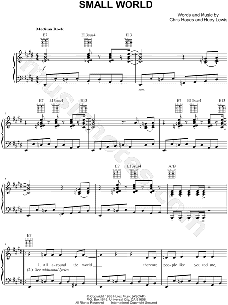 Huey Lewis & the News "Small World" Sheet Music in E Major - Download ...