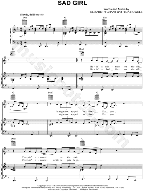 Lana Del Rey "Sad Girl" Sheet Music in D Minor (transposable ...