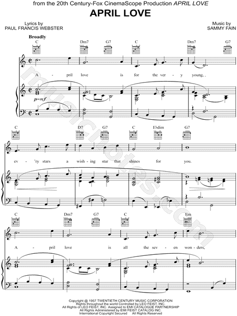 Pat Boone "April Love" Sheet Music in C Major (transposable) - Download ...