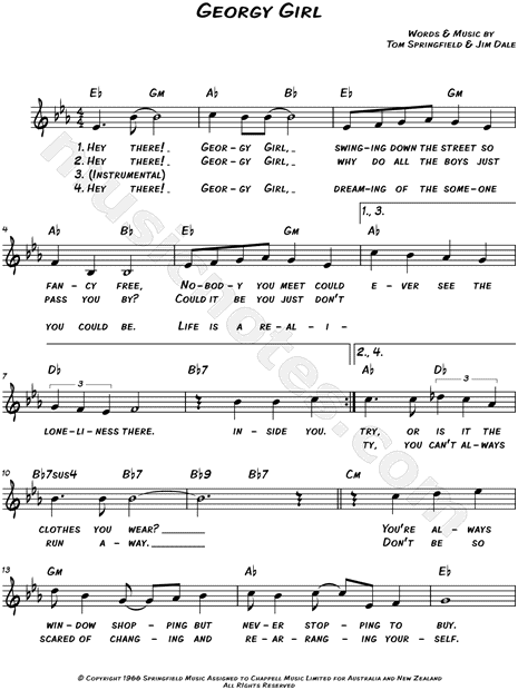 The Seekers "Georgy Girl" Sheet Music (Leadsheet) in Eb Major ...