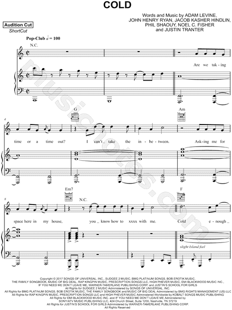 Maroon 5 "Cold" Sheet Music in A Minor (transposable) - Download ...