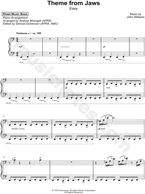 Sheet Music Boss "Theme from Jaws (Easy)" Sheet Music (Piano Solo) in A ...