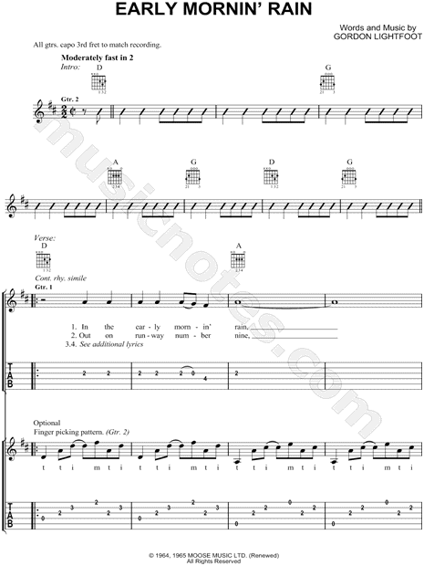 Gordon Lightfoot Early Mornin Rain Guitar Tab In D Major Download