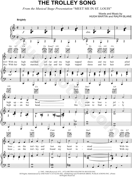 Judy Garland "The Trolley Song" Sheet Music in C Major (transposable ...