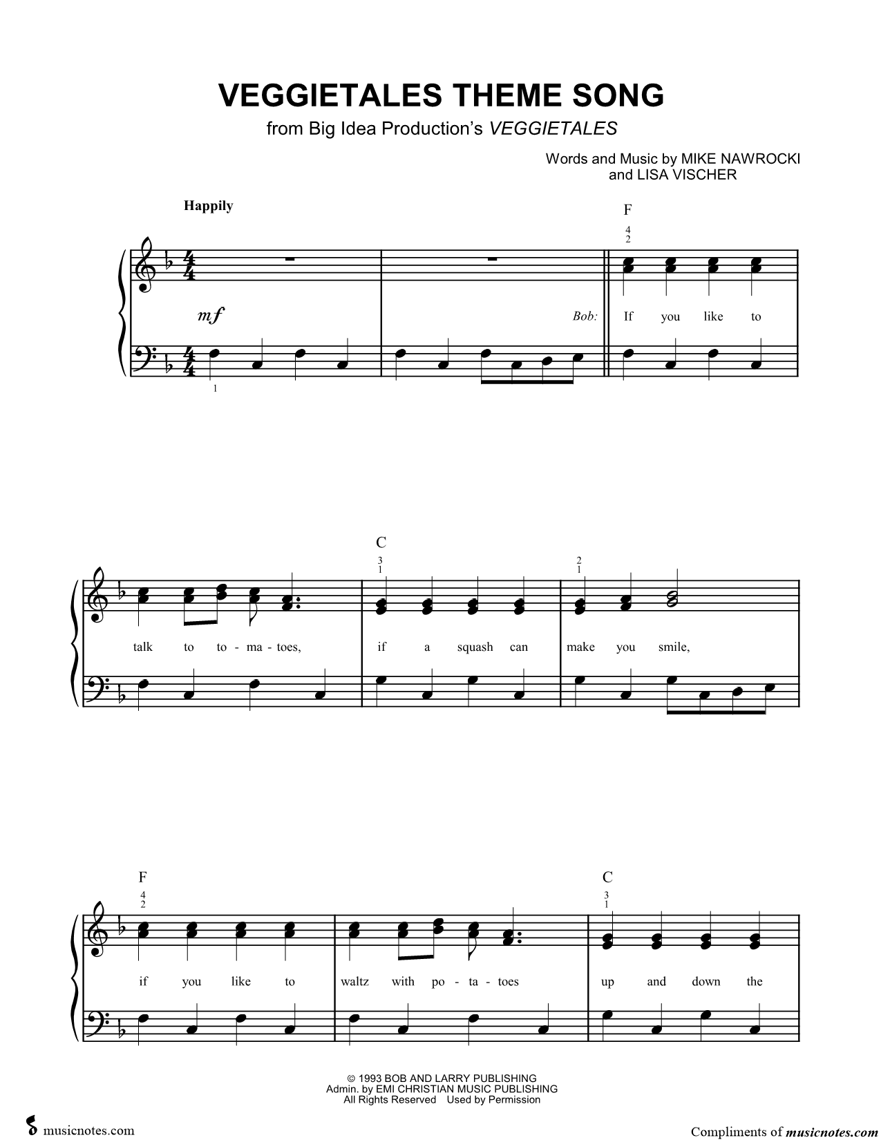 VeggieTales "Veggietales Theme Song" Sheet Music (Easy Piano) in F ...