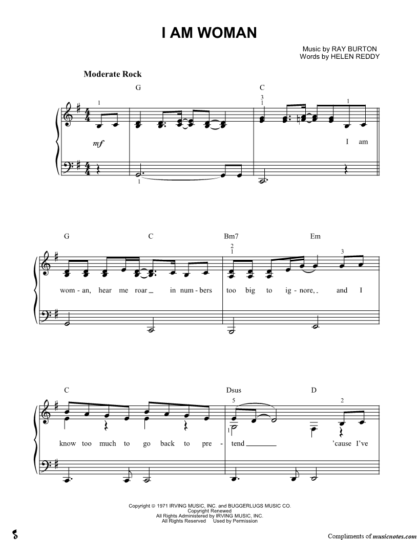 Helen Reddy "I Am Woman" Sheet Music (Easy Piano) in G Major ...