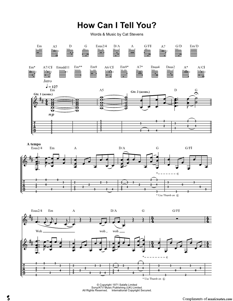 Cat Stevens "How Can I Tell You" Guitar Tab in D Major - Download ...