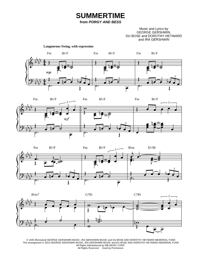 George Gershwin "Summertime" Sheet Music (Piano Solo) in F Minor ...