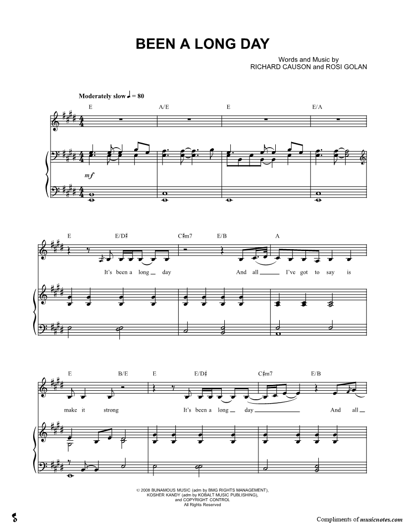 Rosi Golan "Been a Long Day" Sheet Music in E Major (transposable ...