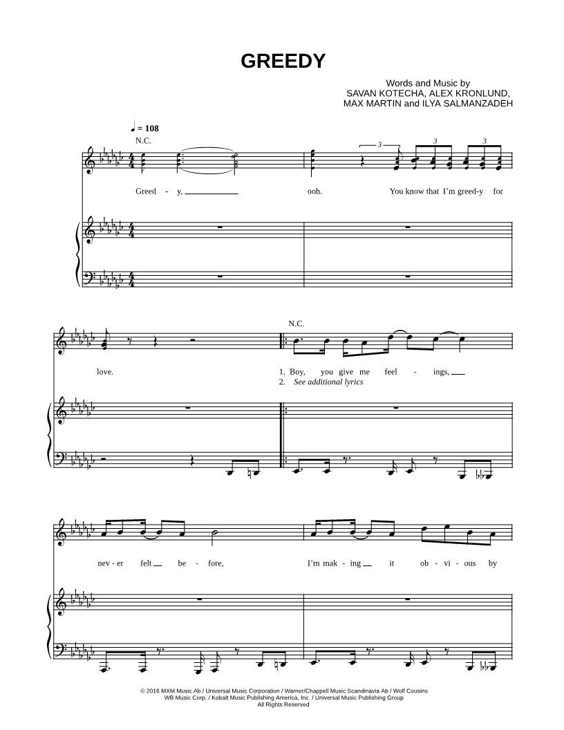 Ariana Grande "Greedy" Sheet Music in Eb Minor (transposable ...