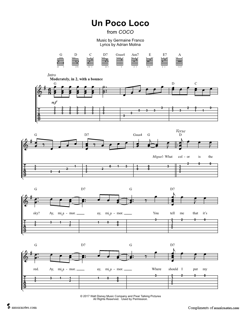 "Un Poco Loco" from 'Coco' Guitar Tab in G Major - Download & Print ...