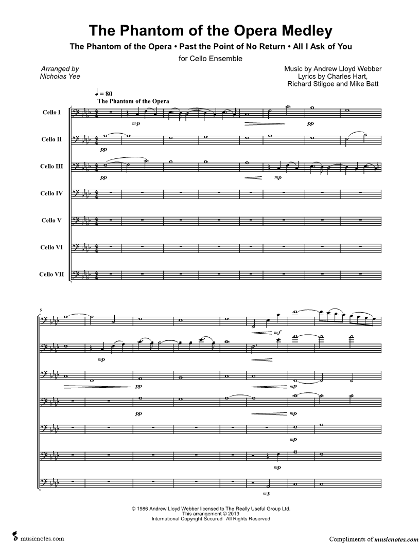 Nicholas Yee "The Phantom of the Opera Medley - Cello Ensemble" Sheet ...