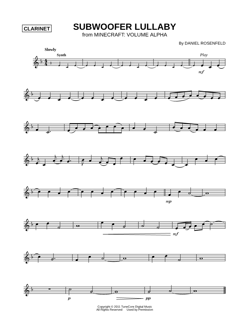 "Subwoofer Lullaby" from 'Minecraft' Sheet Music (Clarinet Solo) in F ...