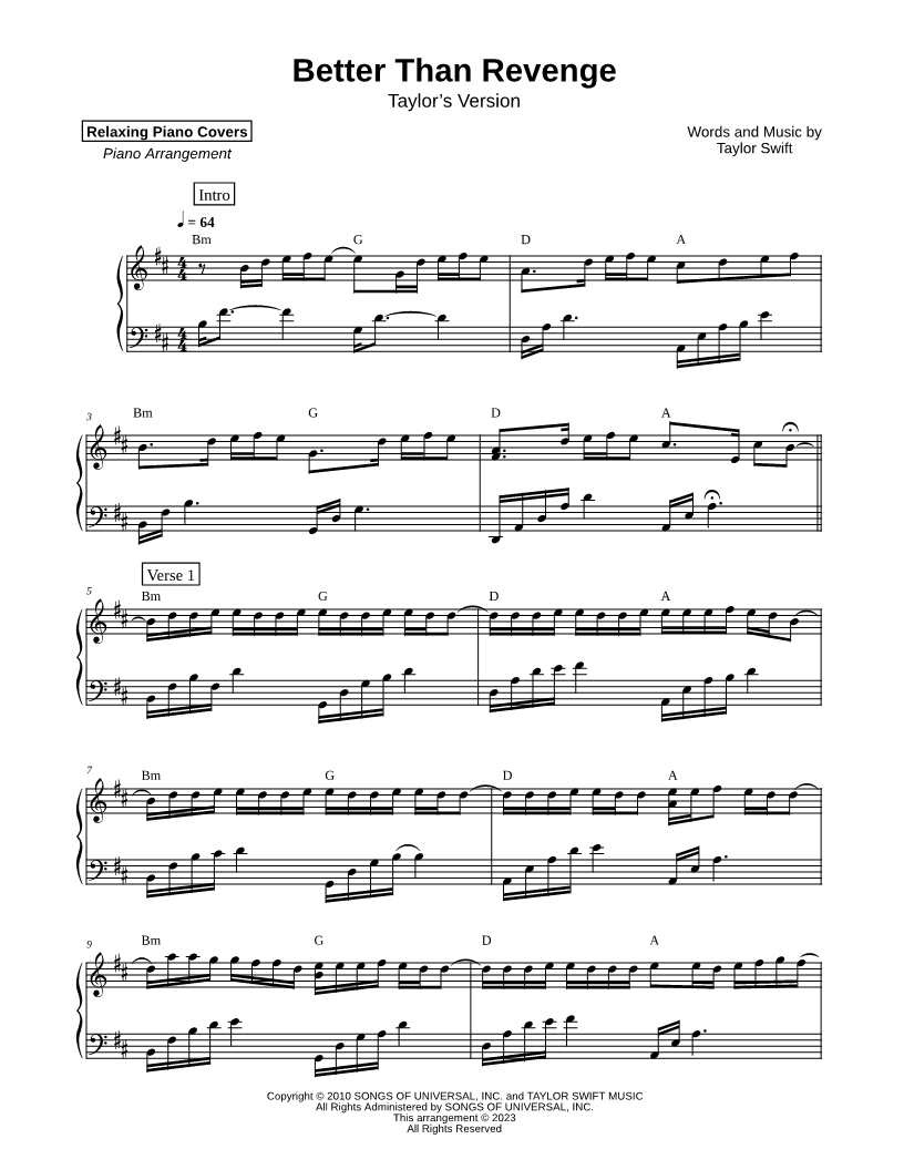 Relaxing Piano Covers "Better Than Revenge (Taylor's Version)" Sheet ...