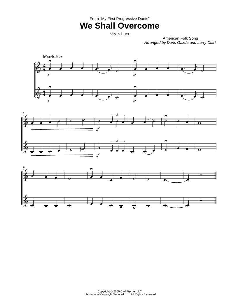 American Folk Song "We Shall Overcome - Violin Duet" Sheet Music in C ...