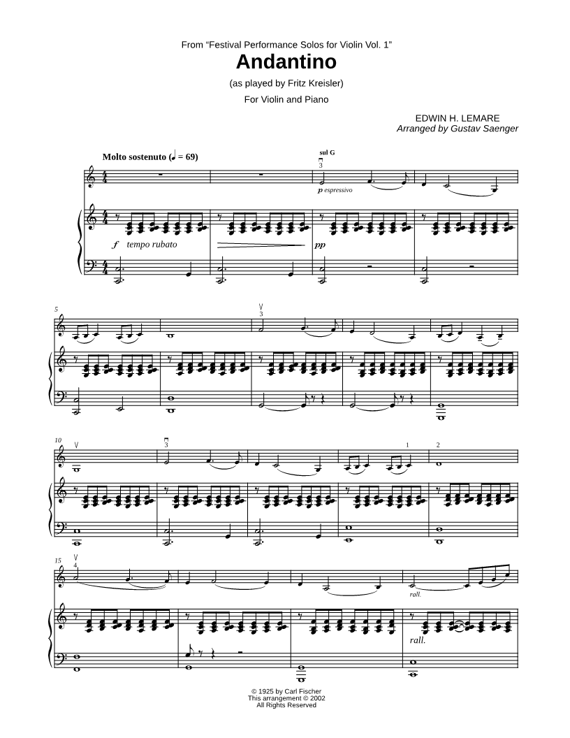 Edwin Lemare "Andantino - Violin & Piano" Sheet Music in C Major ...