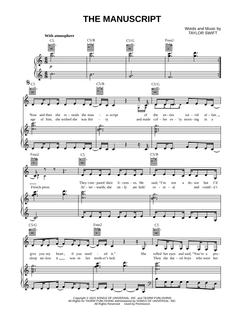 Taylor Swift "The Manuscript" Sheet Music in C Major - Download & Print ...