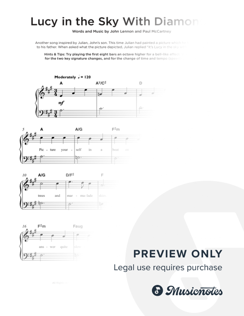 The Beatles "Lucy in the Sky with Diamonds" Sheet Music (Easy Piano ...