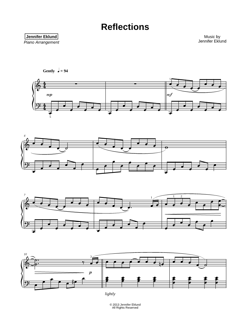 Jennifer Eklund "Reflections" Sheet Music (Piano Solo) in C Major ...