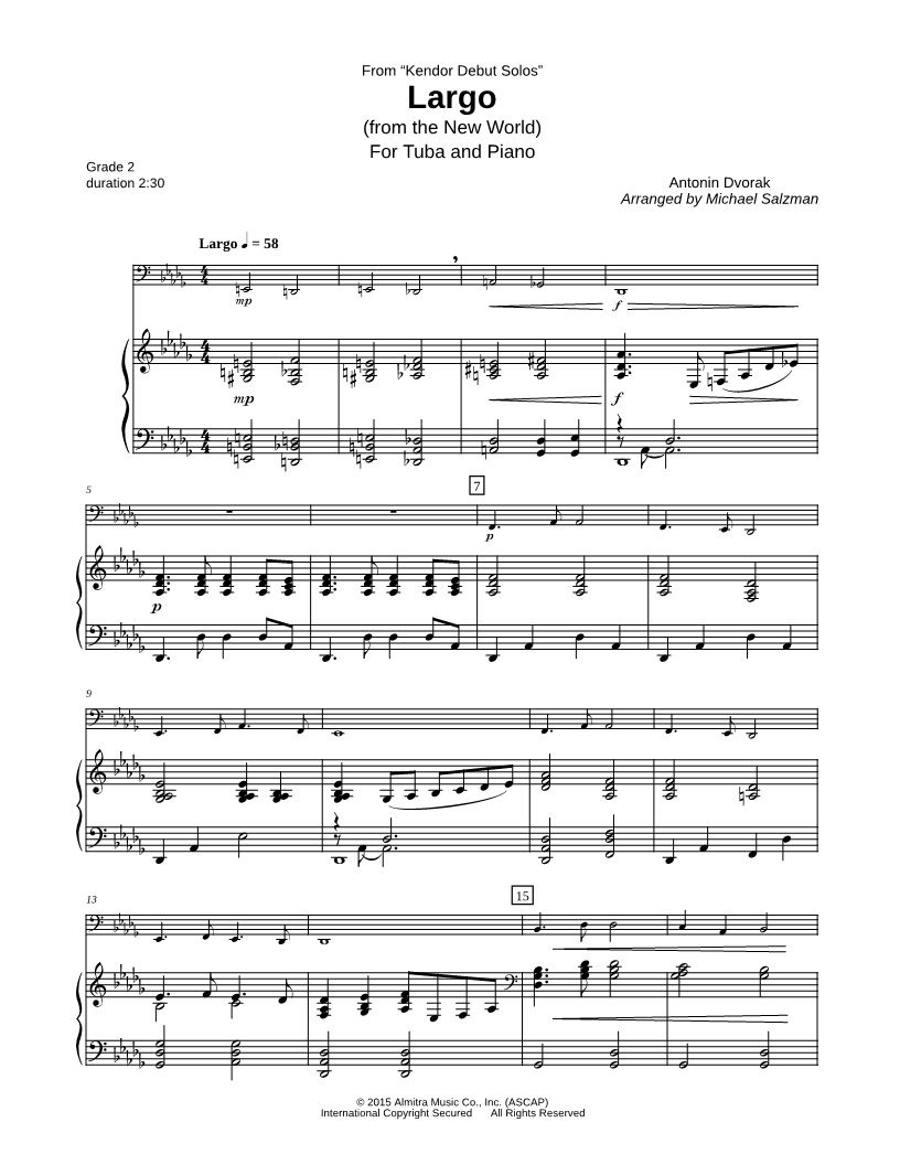 Michael Salzman "Largo from The New World Symphony" Sheet Music in Db ...