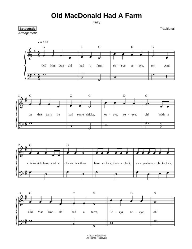 Betacustic "Old MacDonald Had a Farm [easy]" Sheet Music (Piano Solo ...