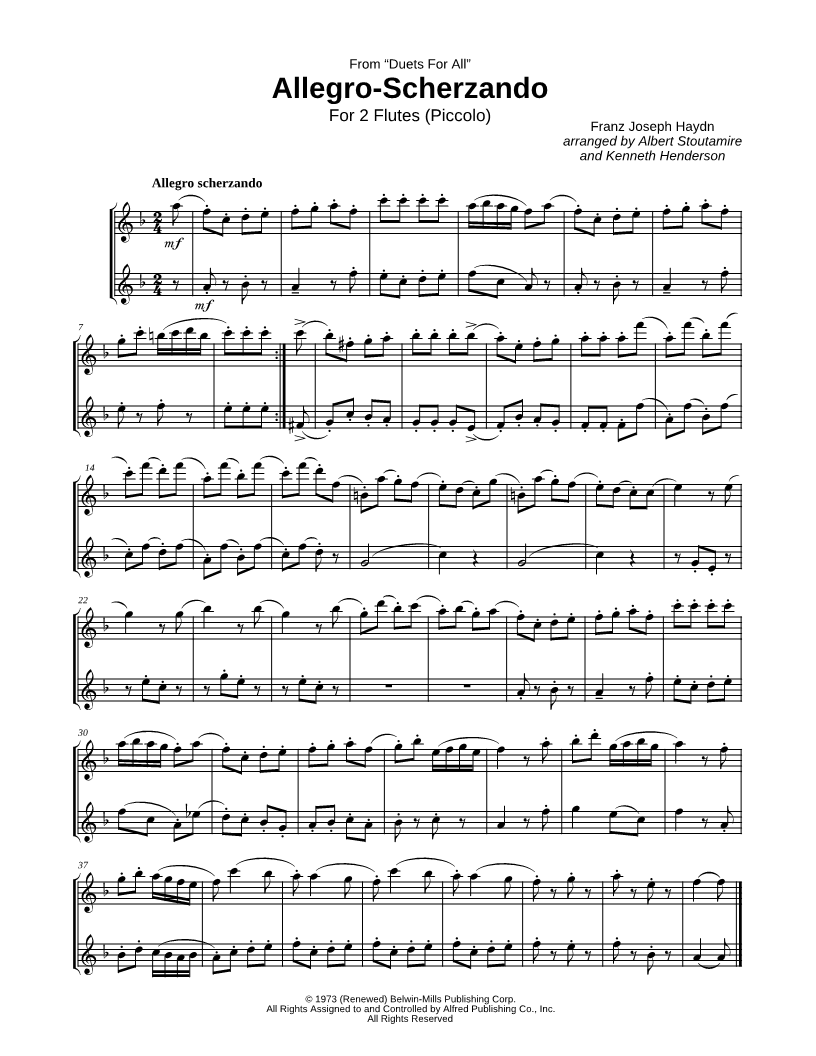 Franz Joseph Haydn "Allegro-Scherzando - Flute Duet" Sheet Music in F ...