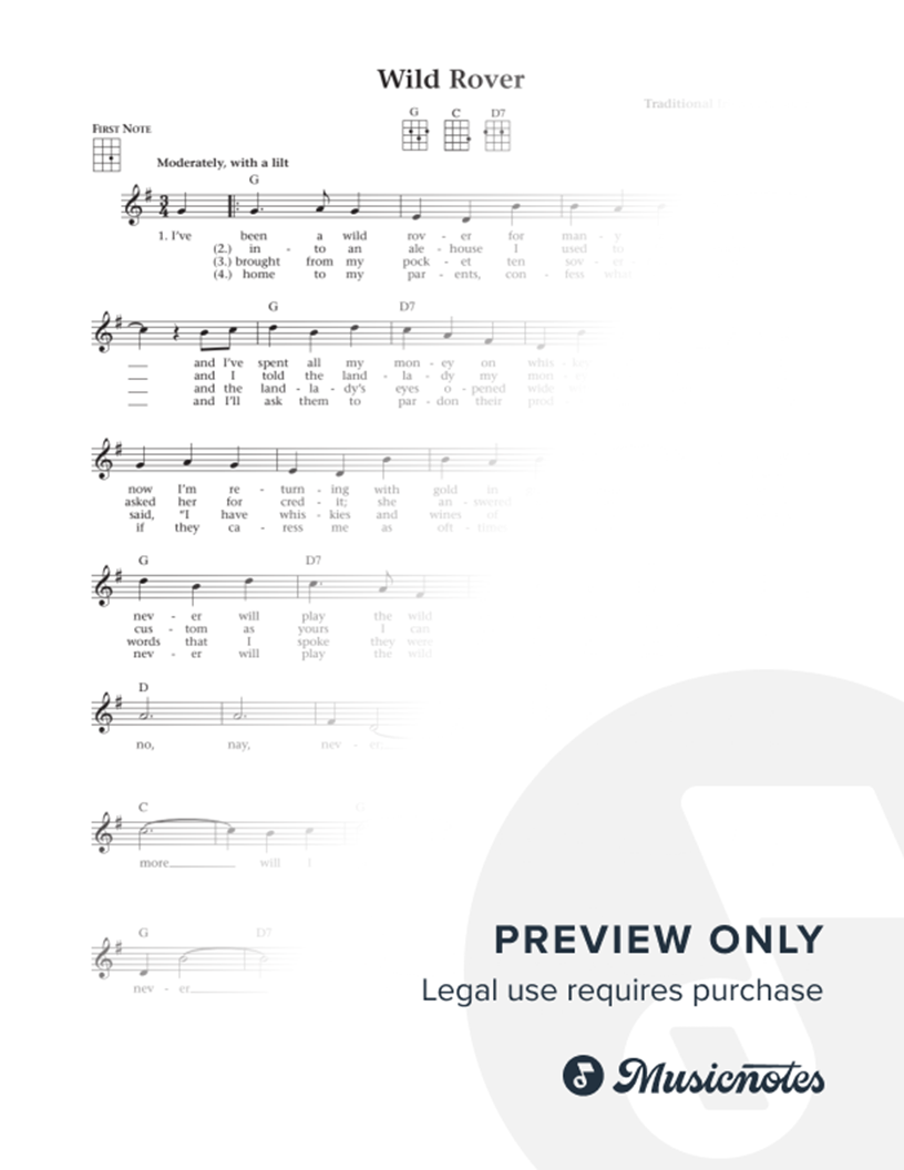 Traditional Irish "Wild Rover" Sheet Music (Leadsheet) in G Major ...